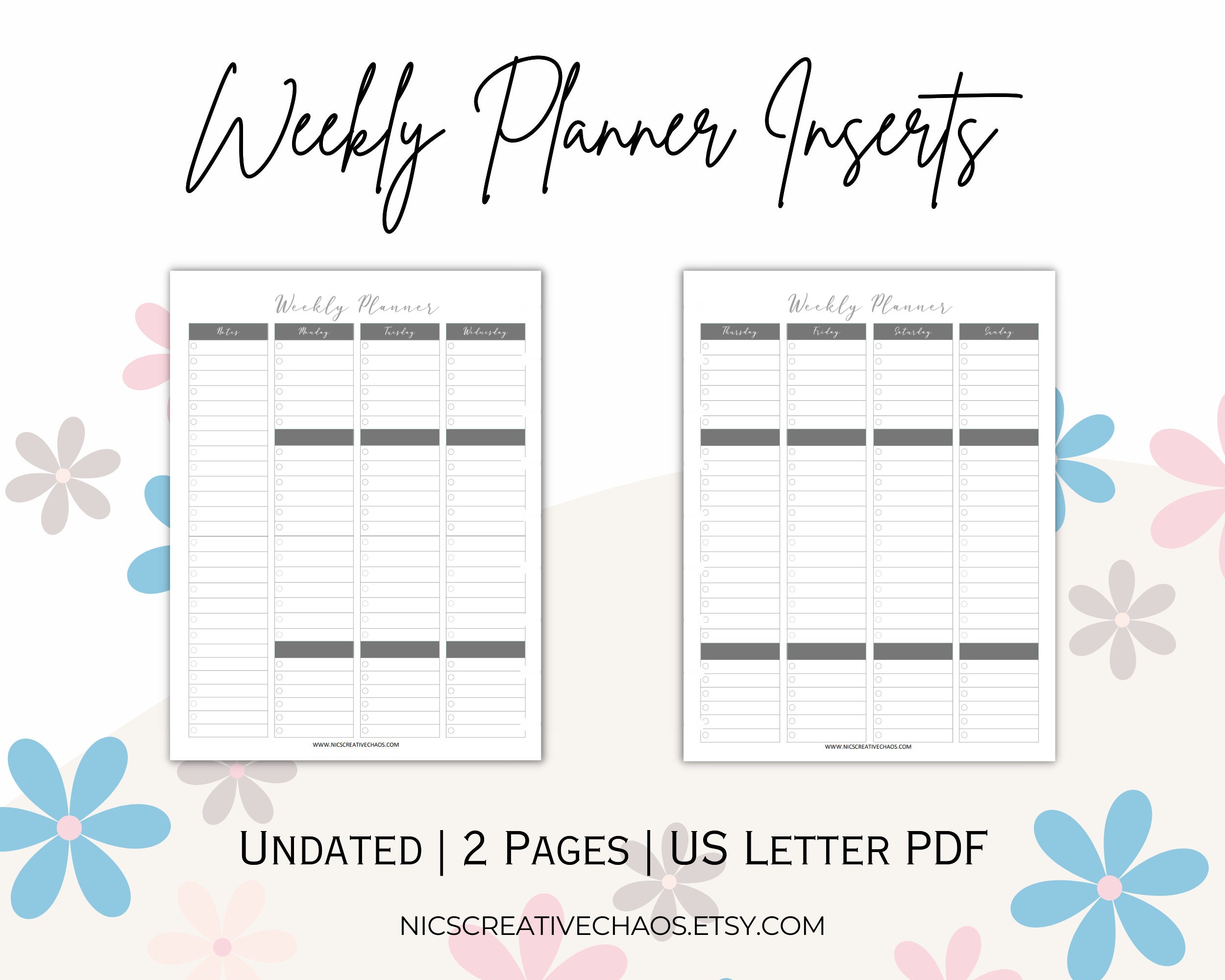 Undated Weekly Planner Printable, Vertical Checklist Lined Notes, Big ...