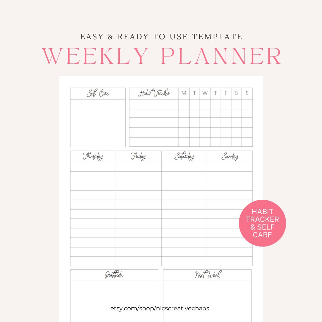 Weekly Vertical Planner Printable Week on 2 Pages Simple Black & White ...