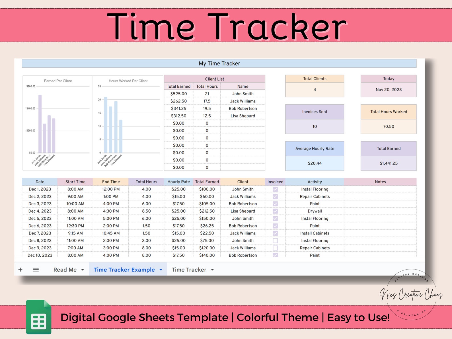 Time Tracker Google Sheets Spreadsheet, Excel Time Keeping Tracker ...