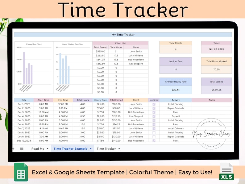 Time Tracker Spreadsheet, Excel & Google Sheets, Time Keeping Tracker ...
