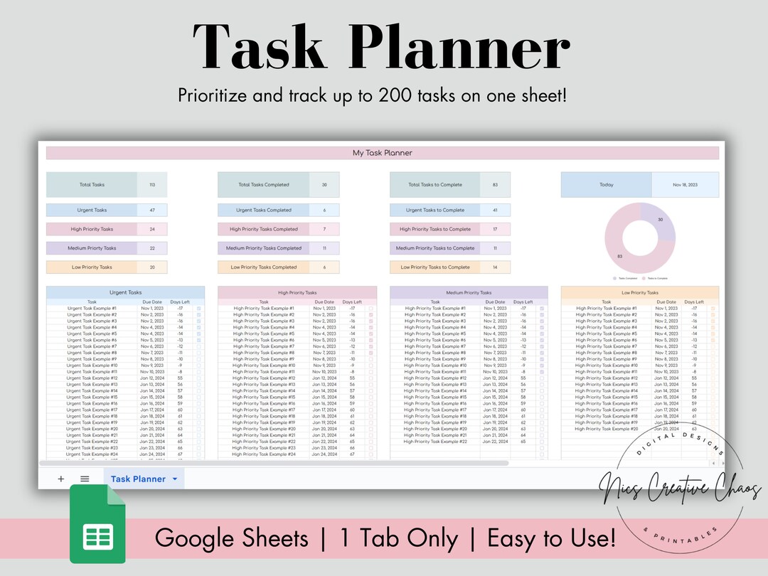 Task Tracker Spreadsheet Google Sheets, Digital Task Planner, to Do ...