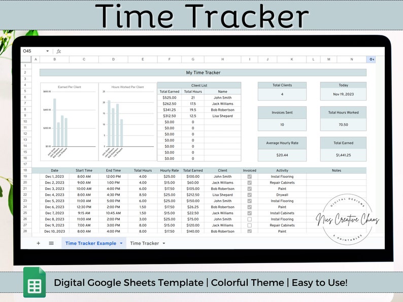 Time Tracker Spreadsheet Google Sheets, Freelancer Time Tracker, Pay ...