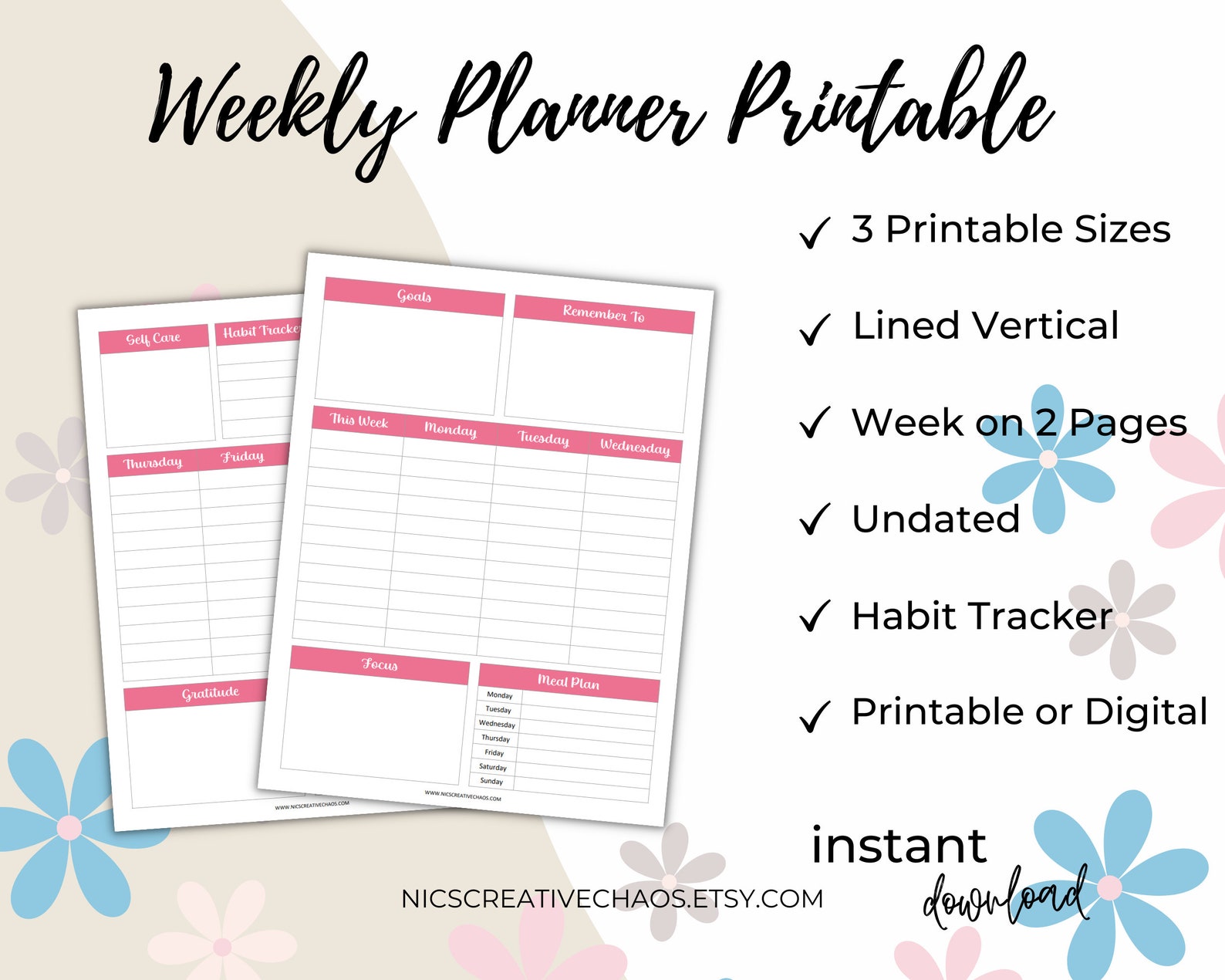 Undated Weekly Planner Printable Vertical Lined Week on Two - Etsy