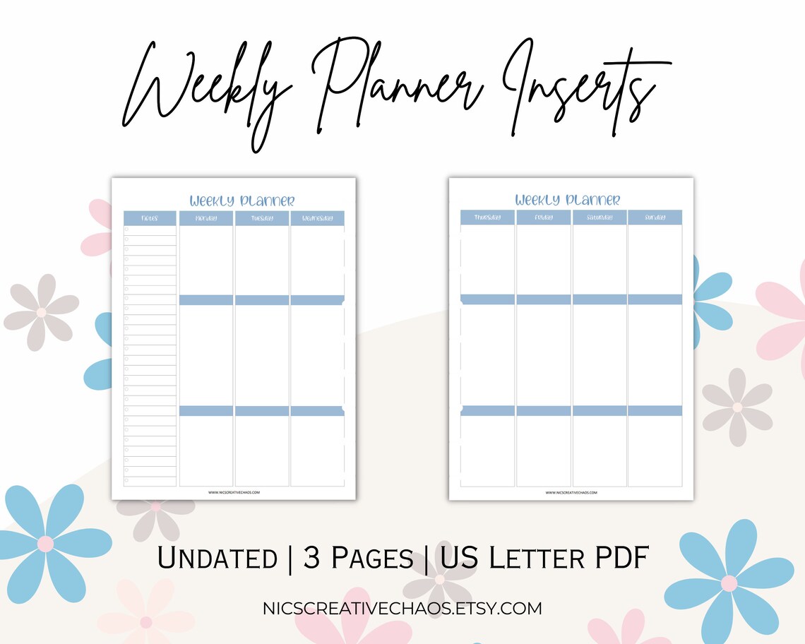 Undated Weekly Planner Printable Vertical Layout & Notes - Etsy