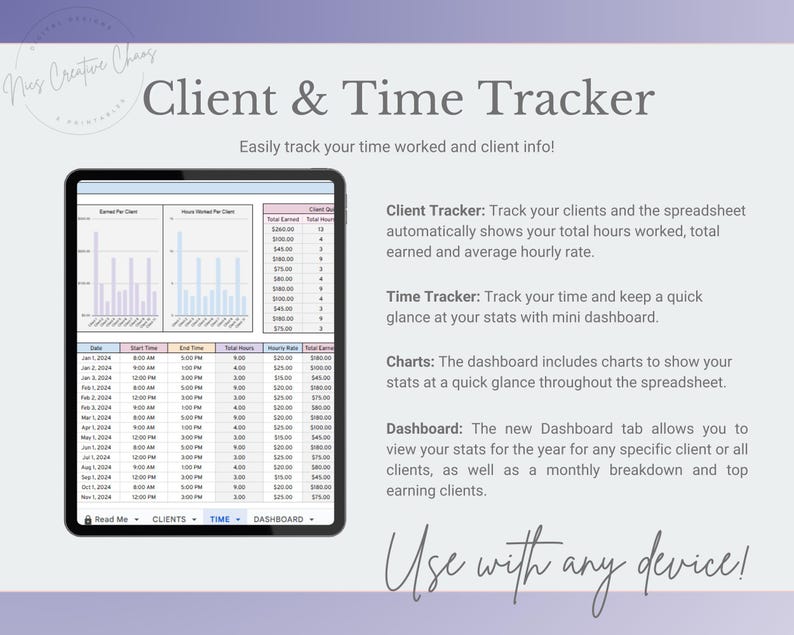 Client & Time Tracker Spreadsheet Google Sheets, Excel Time Keeping ...
