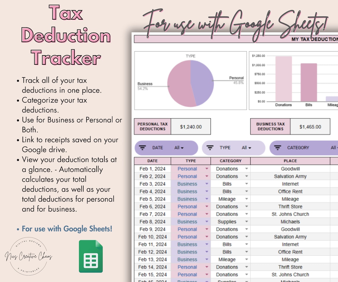 Tax Deduction Tracker Google Sheets Spreadsheet, Small Business Tax ...