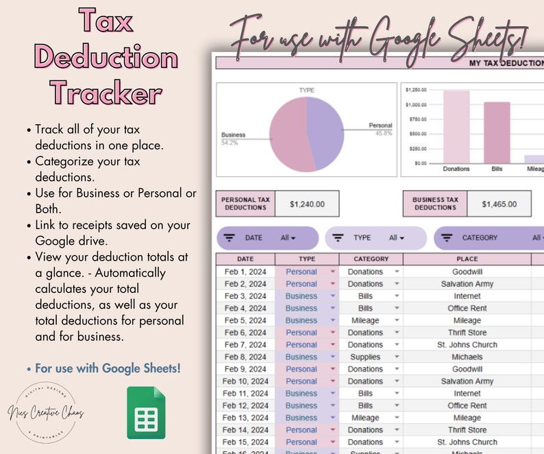 Tax Deduction Tracker Google Sheets Spreadsheet, Small Business Tax ...