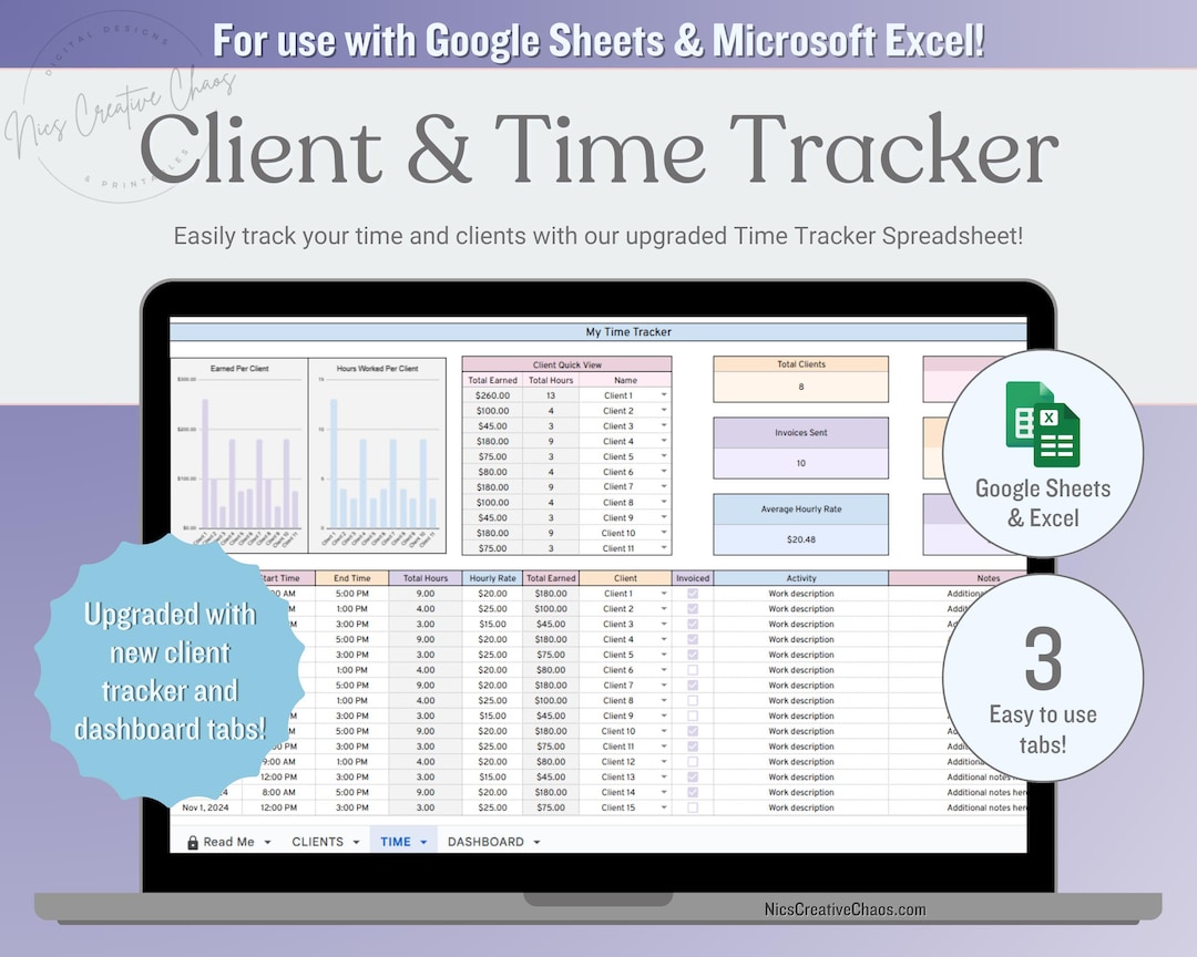 Client & Time Tracker Spreadsheet Google Sheets, Excel Time Keeping ...