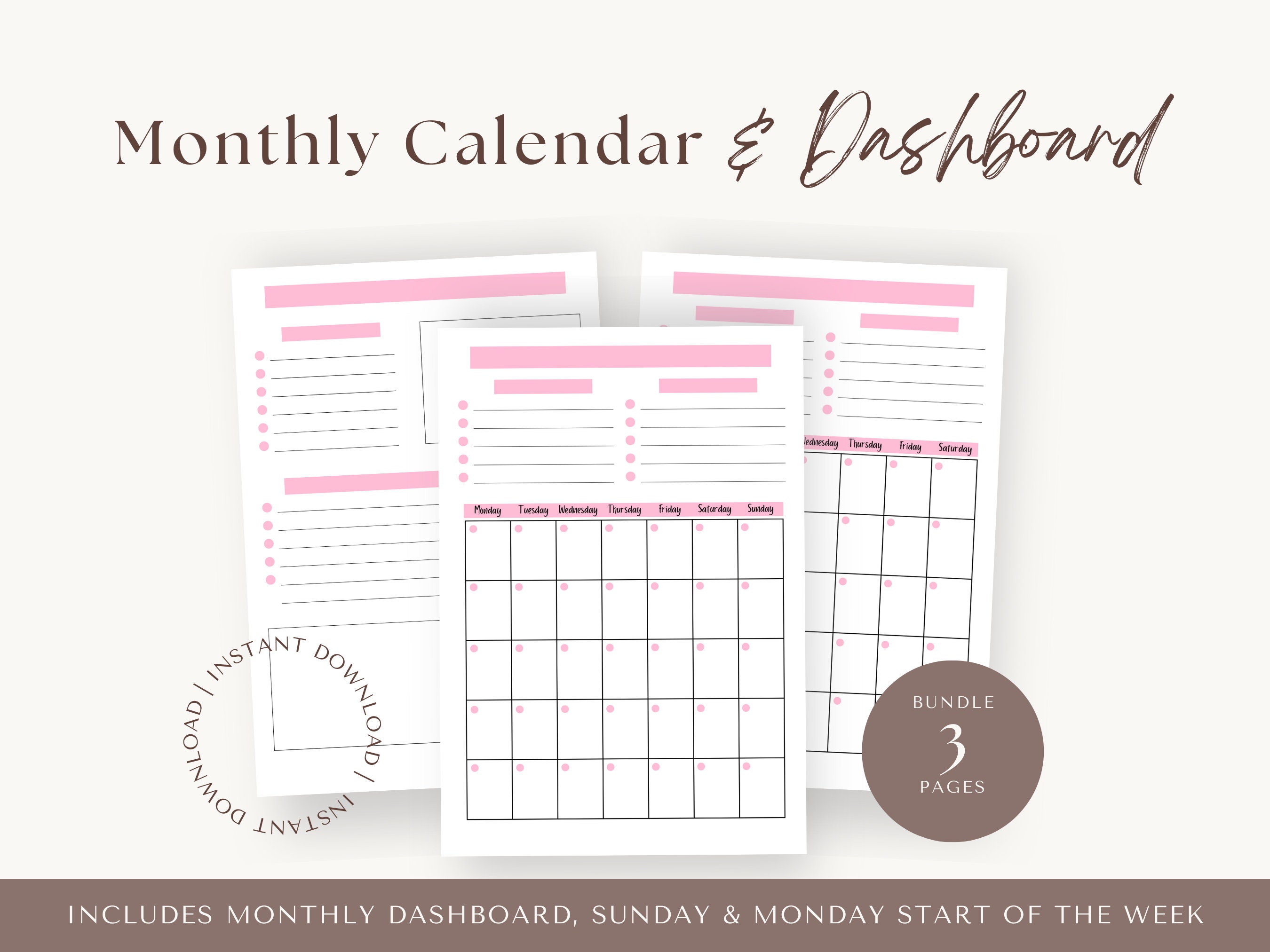 Printable Monthly Calendar & Dashboard, Printable Planner Template ...