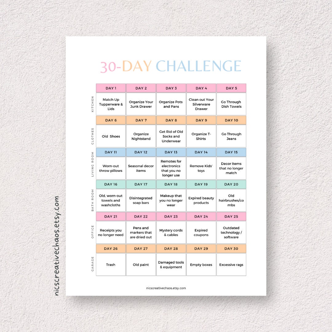 Declutter 30 Day Challenge Printable Template, Cleaning Checklist ...