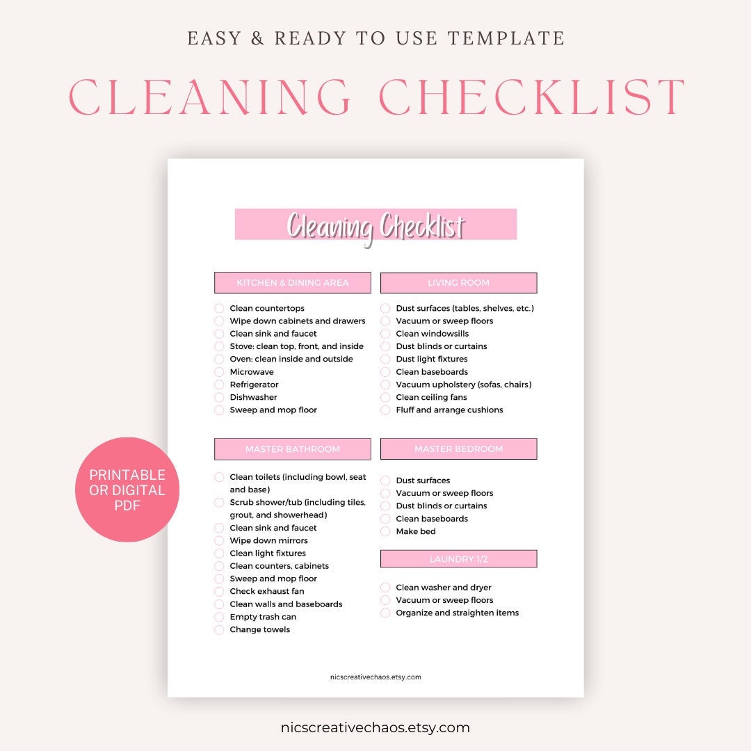 Printable Deep Cleaning Checklist Template, Prefilled Cleaning ...