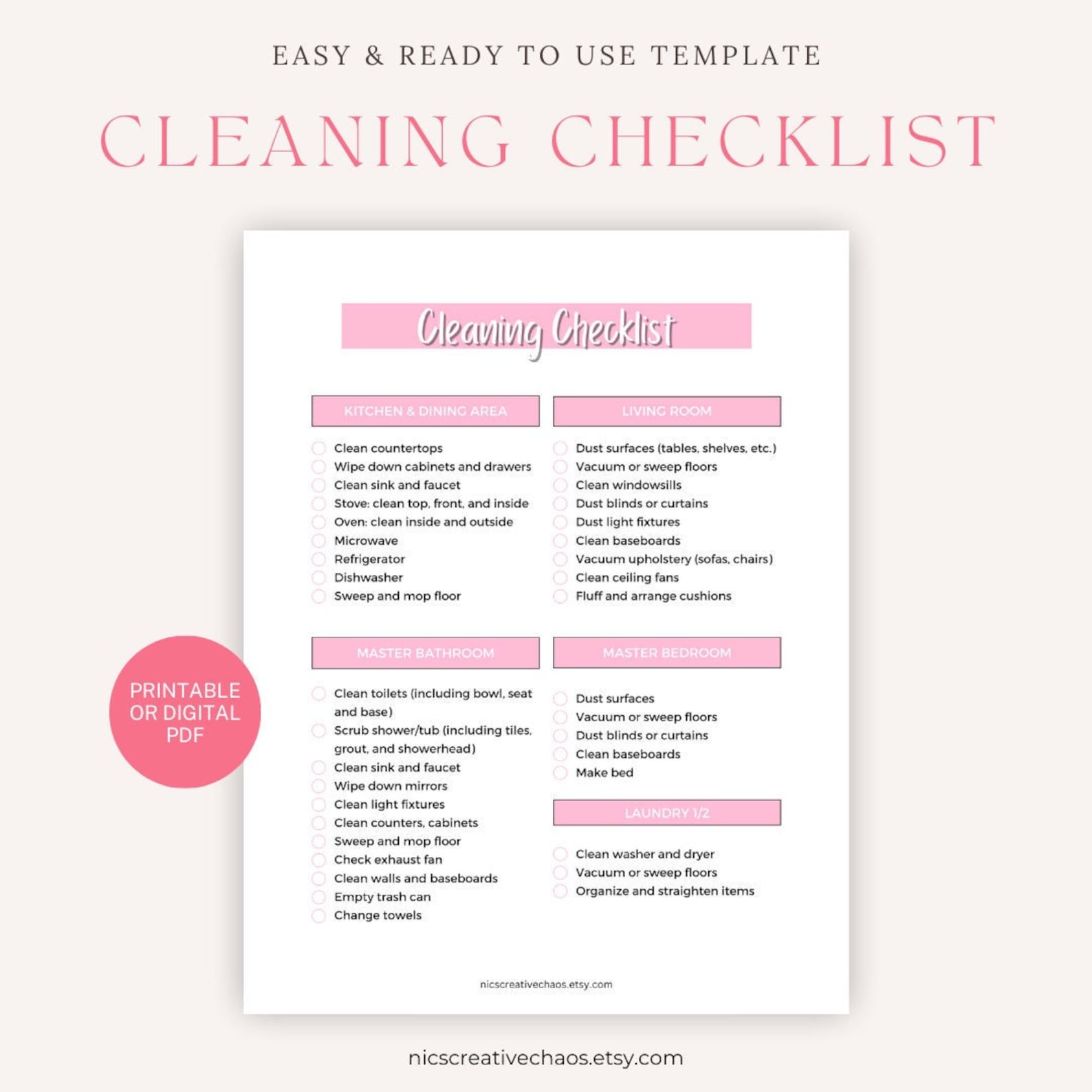 Printable Deep Cleaning Checklist Template, Prefilled Cleaning ...