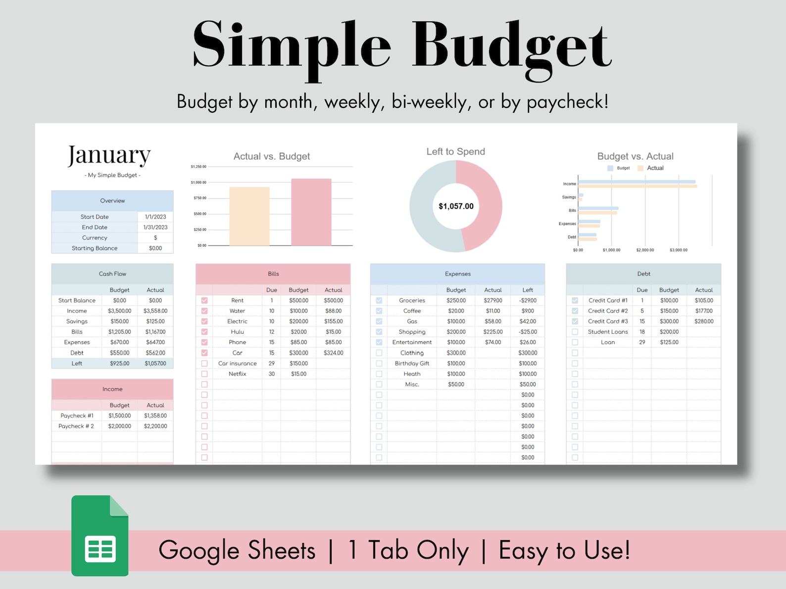 Google Sheets Budget Spreadsheet Template, Simple Budget Tracker ...