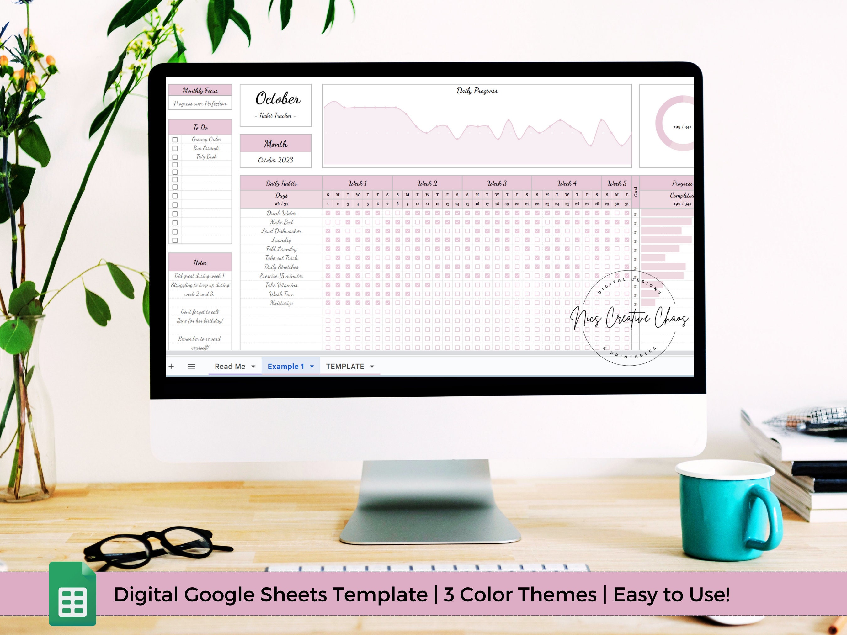 Pink Daily Habit Tracker Google Sheets, Monthly Planner Checklist ...