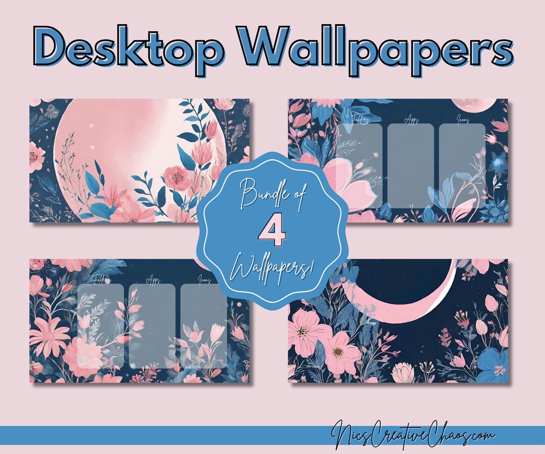 Desktop Wallpapers Bundle, Pink & Blue Floral Desktop Organizers, Blue ...