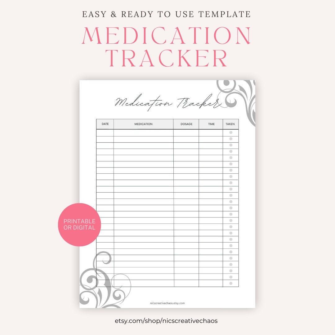 Printable Medication Tracker Log Template Sheet | Black & White ...
