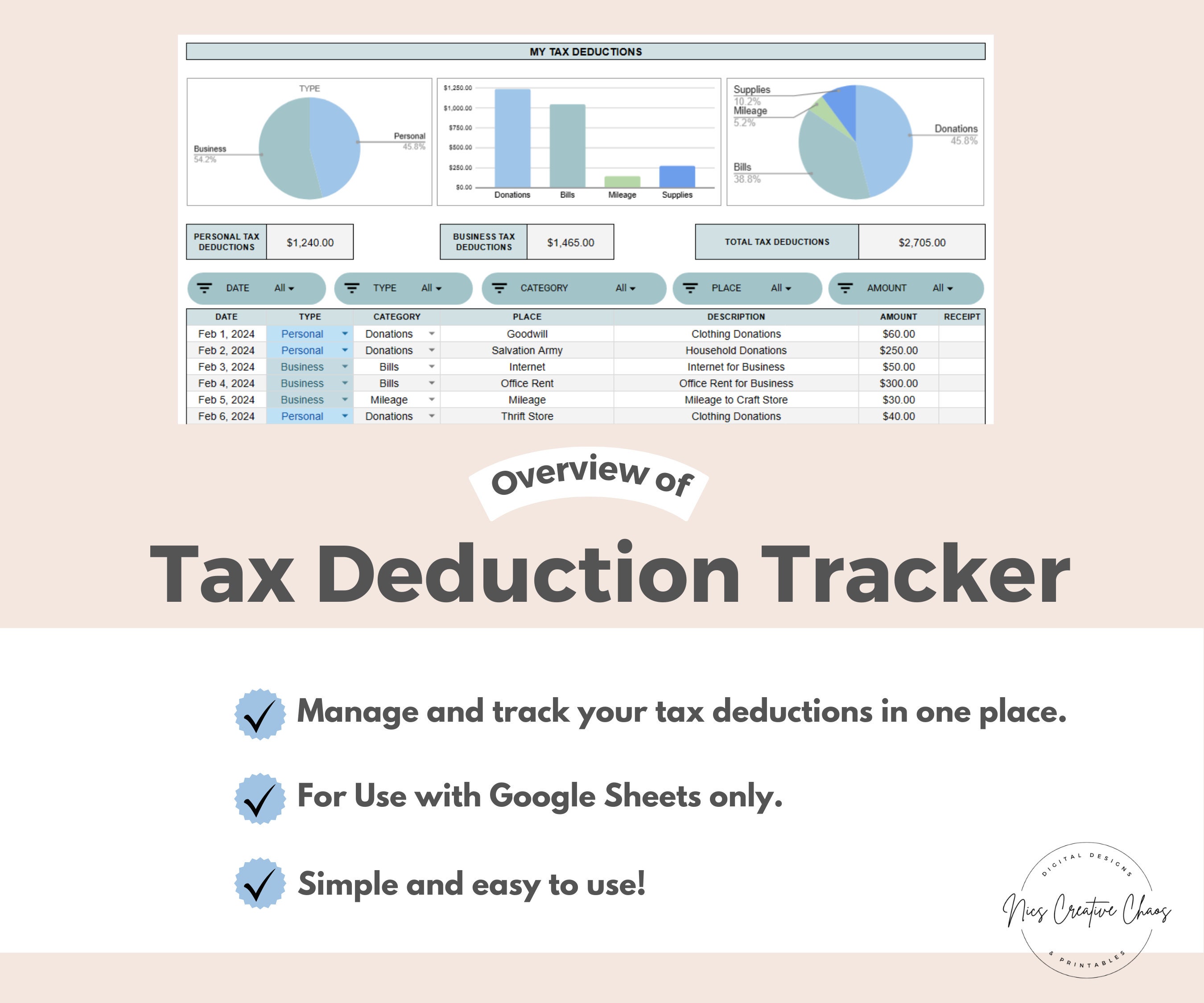 Tax Deduction Tracker Spreadsheet Google Sheets, Small Business Tax ...