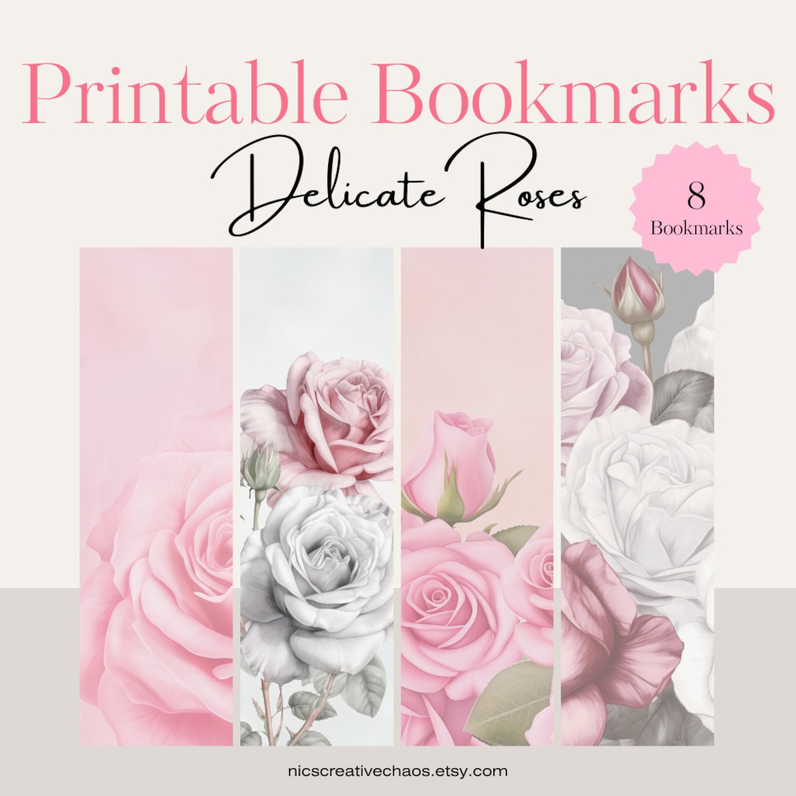 Bundle of 8 Printable Bookmarks Delicate Roses Series Pink, Gray White ...