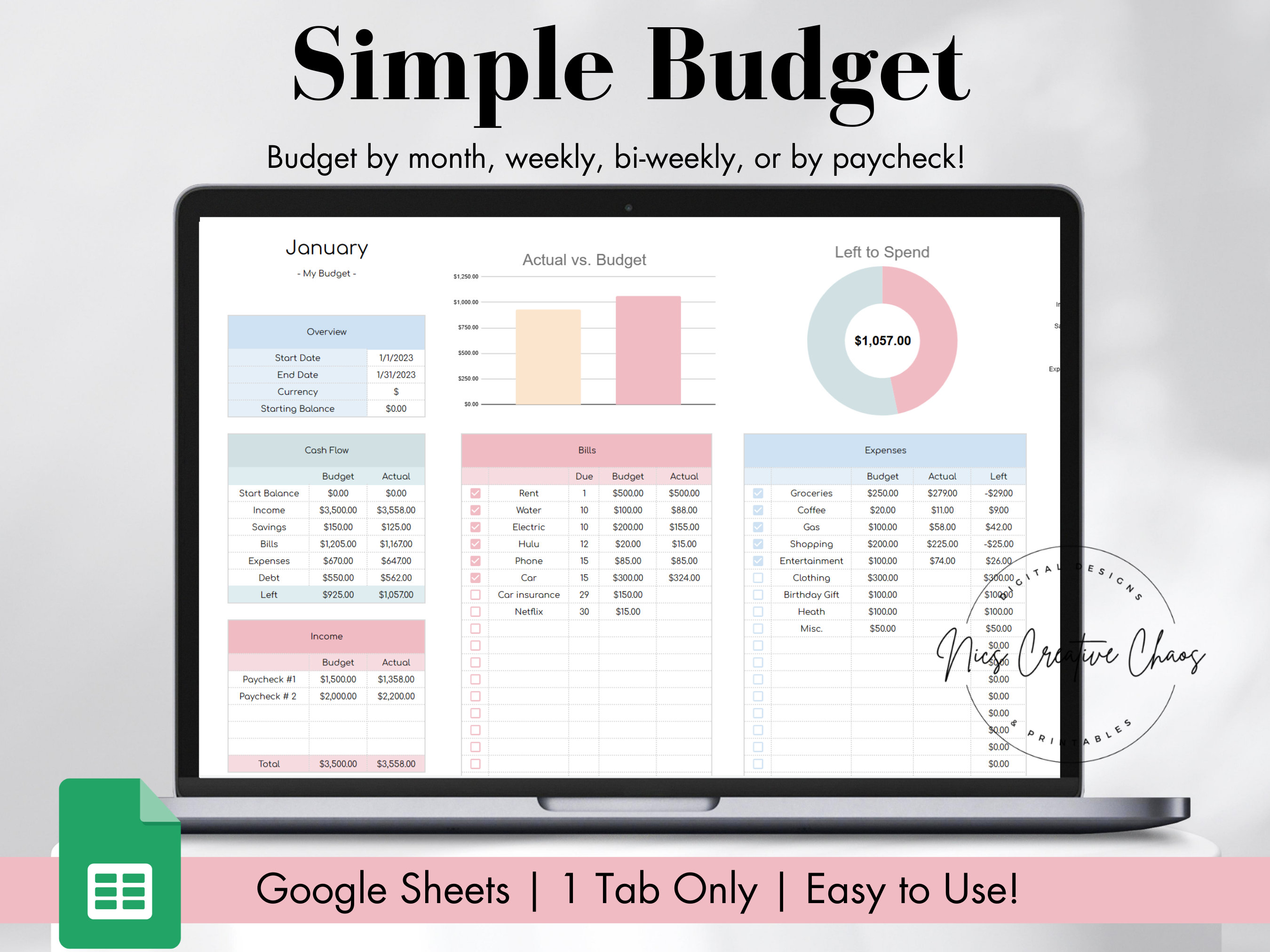 Google Sheets Budget Spreadsheet Template, Simple Budget Tracker ...