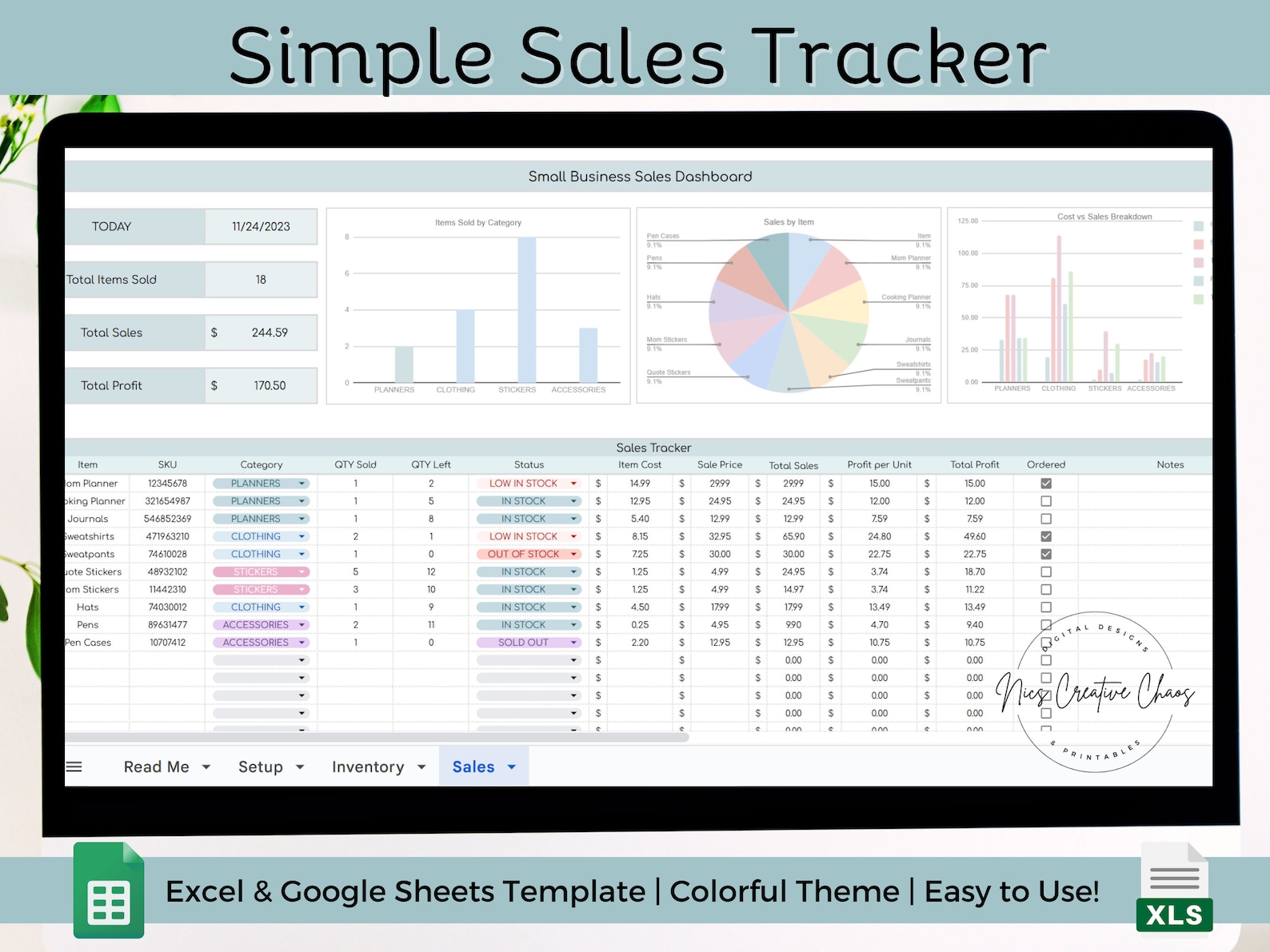 Sales Tracker Spreadsheet, Google Sheets & Excel Templates, Small ...