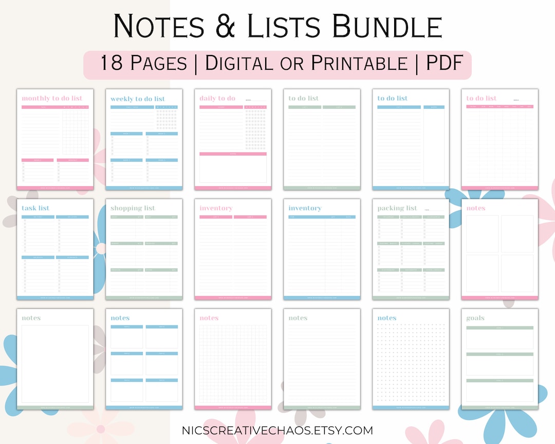 To Do List Printable Bundle, Notes and Checklists Printables Bundle ...
