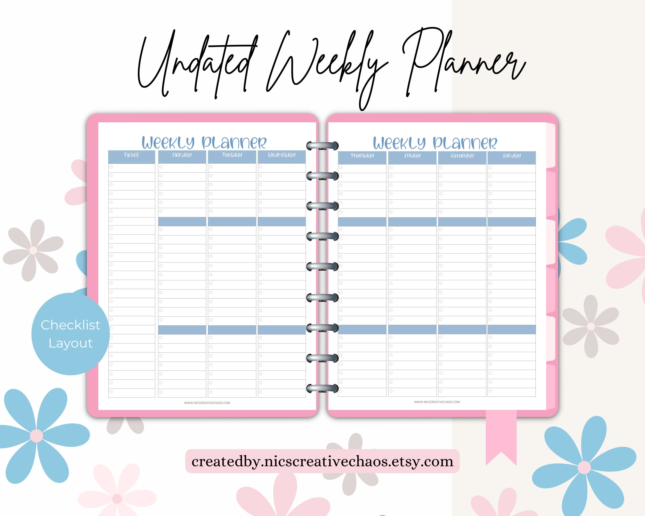 Undated Weekly Planner Printable, Vertical Checklist Planner & Notes ...