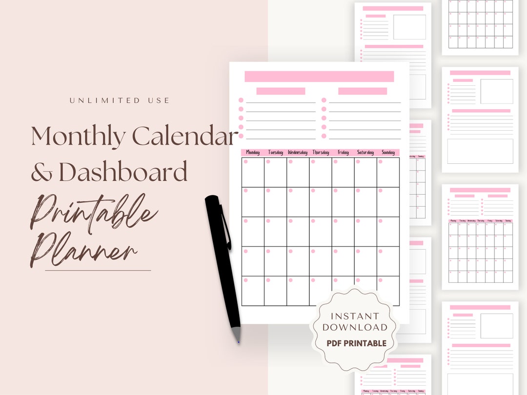 Printable Monthly Calendar & Dashboard Planner Template - Etsy