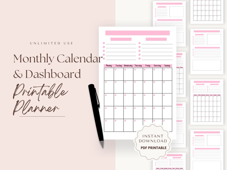Printable Monthly Calendar & Dashboard, Printable Planner Template ...