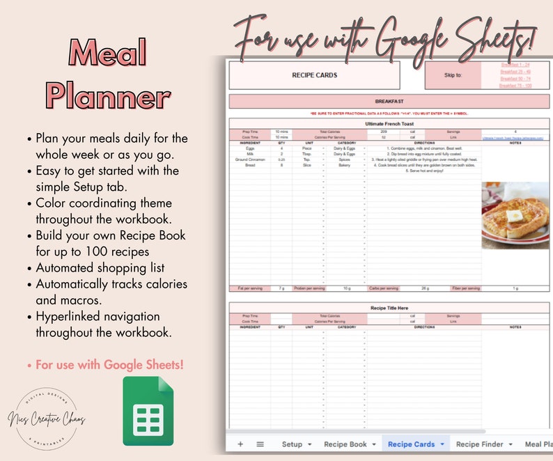 Daily Meal Planner Spreadsheet Google Sheets, Recipe Book Digital ...
