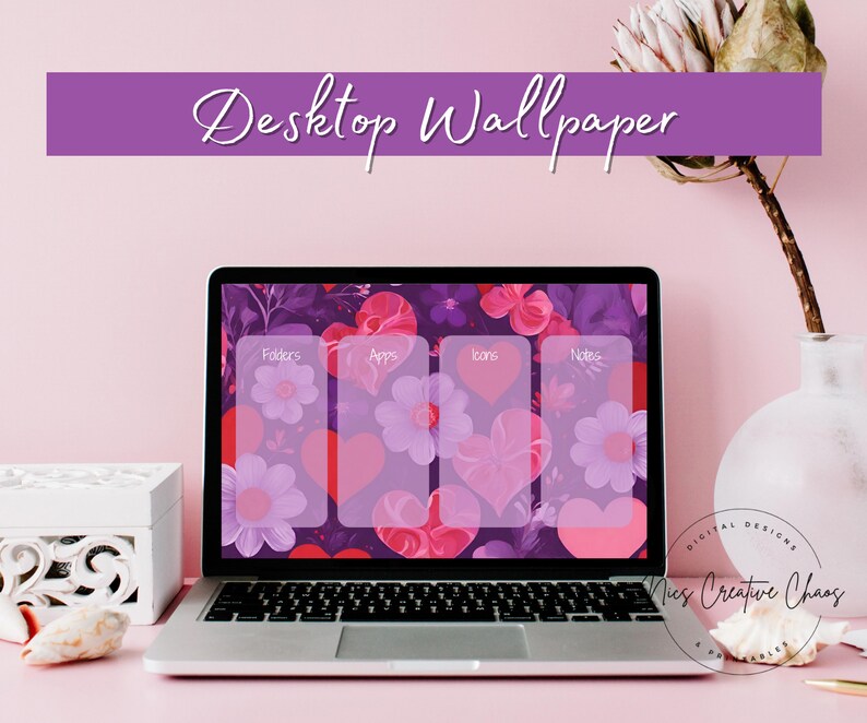 Desktop Wallpaper Bundle, Purple Desktop Wallpapers & Red Hearts, Cute Desktop Organizer for ...
