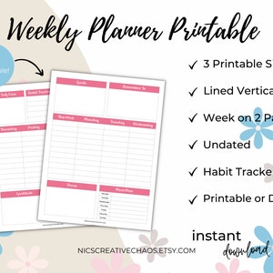 Weekly Planner Printable, Vertical Lined Undated Planner, Week on Two ...