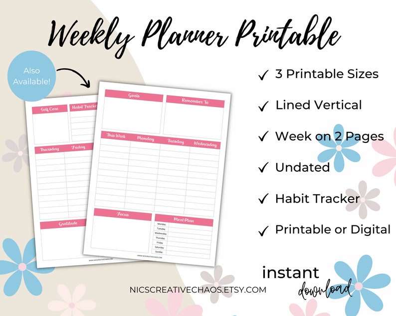 Weekly Planner Printable, Vertical Lined Undated Planner, Week on Two ...