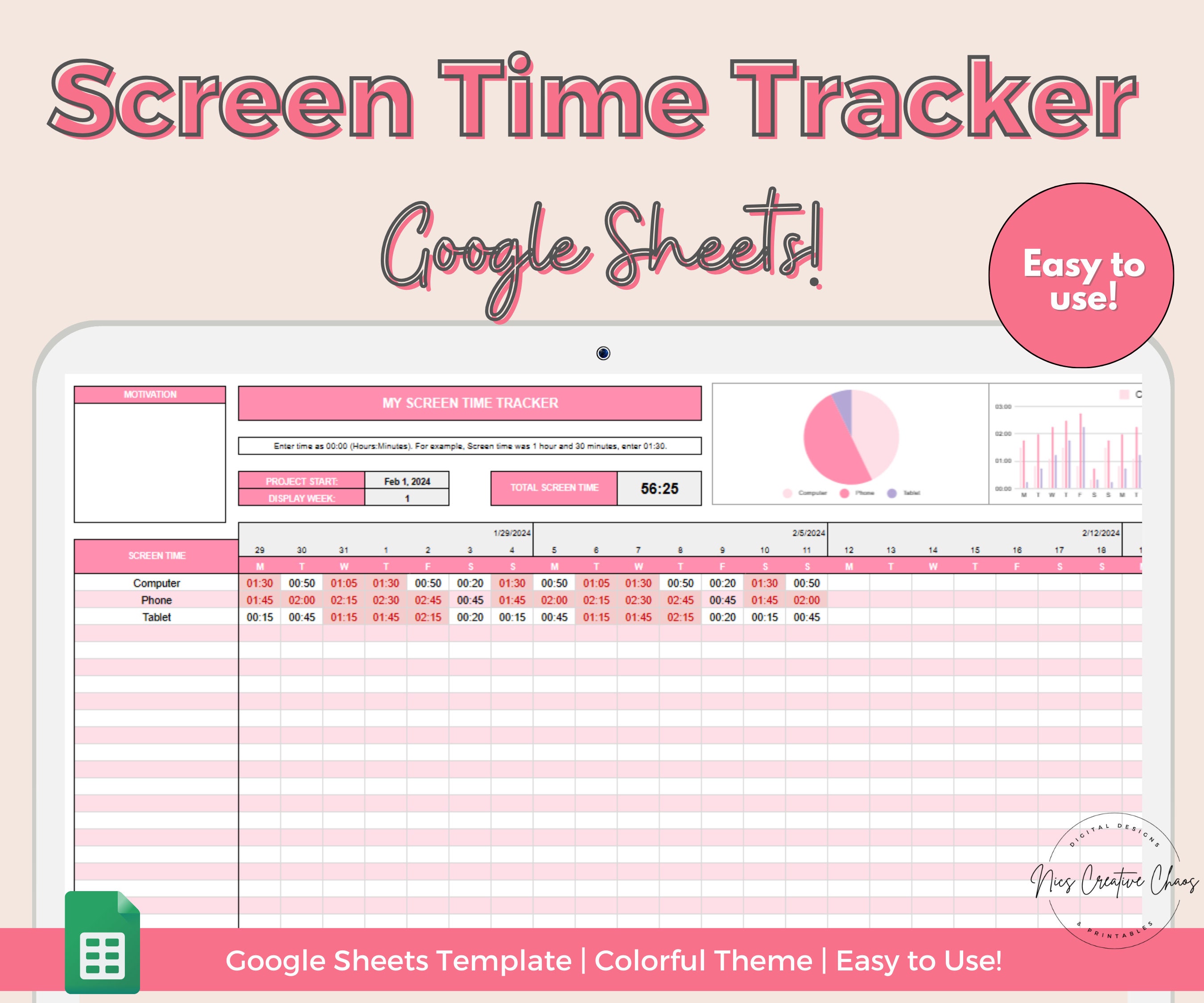 Screen Time Tracker Spreadsheet, Google Sheets Screen Time Management ...