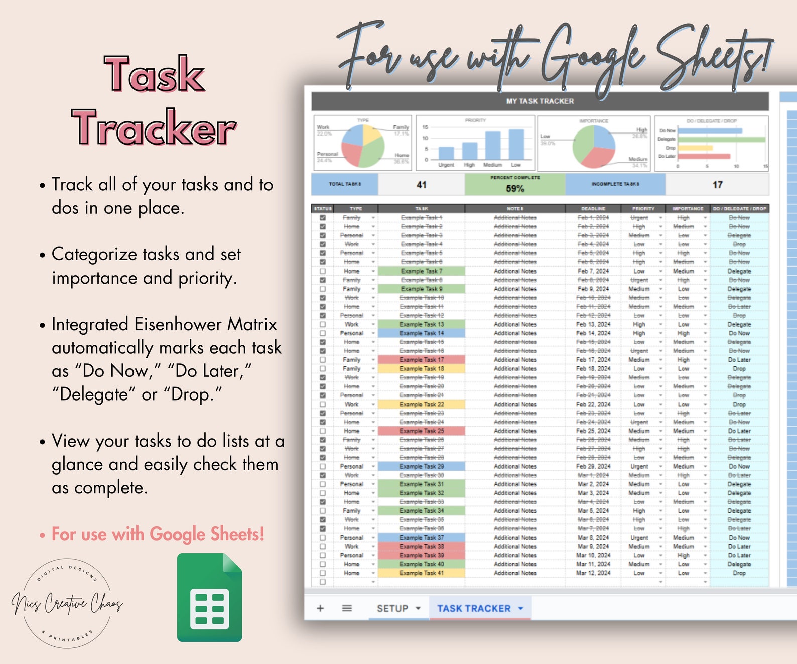 Task Tracker Google Sheets Spreadsheet, to Do List Template, Eisenhower ...