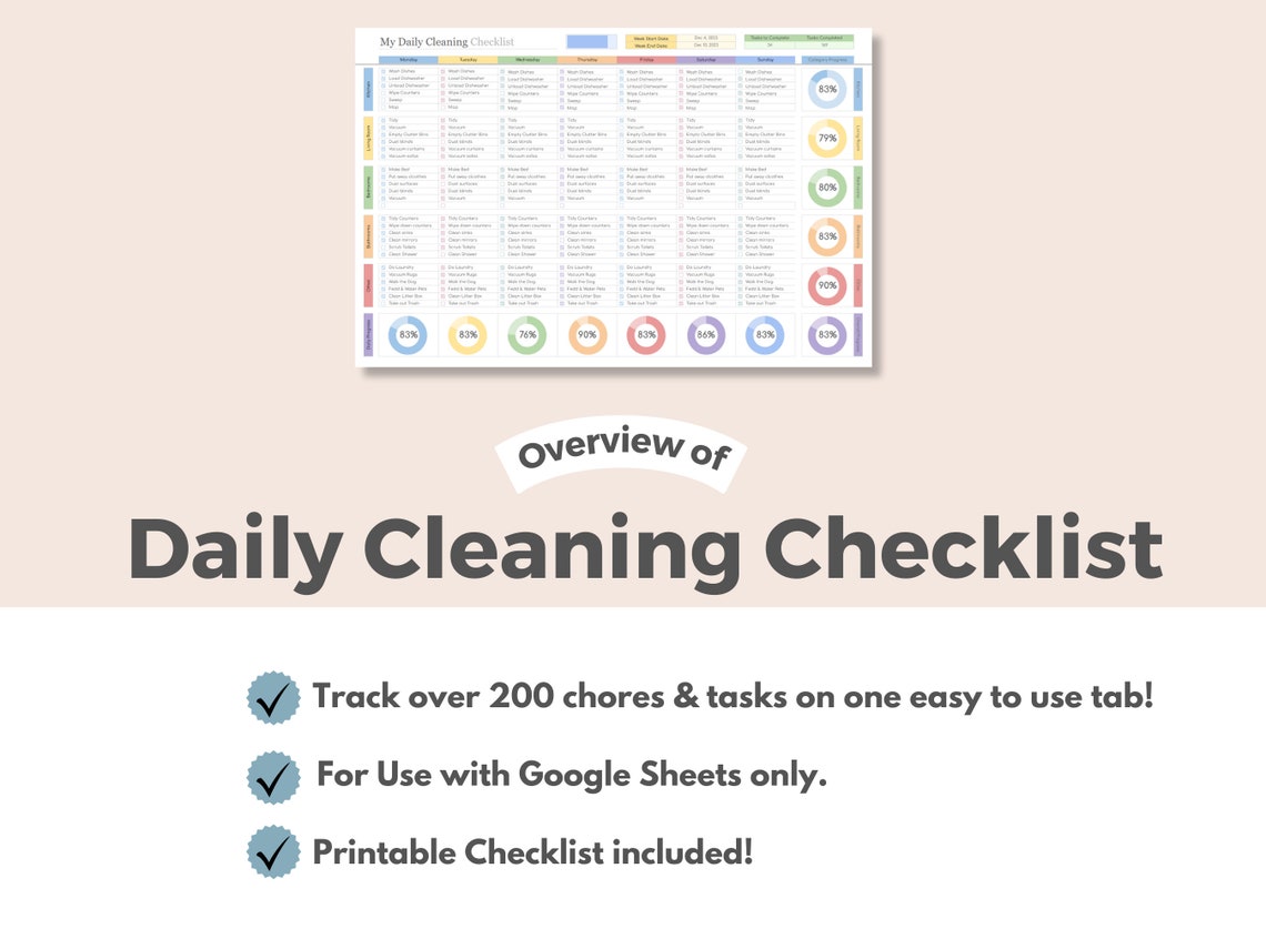 Daily Cleaning Checklist Spreadsheet, Google Sheets Cleaning Chart ...