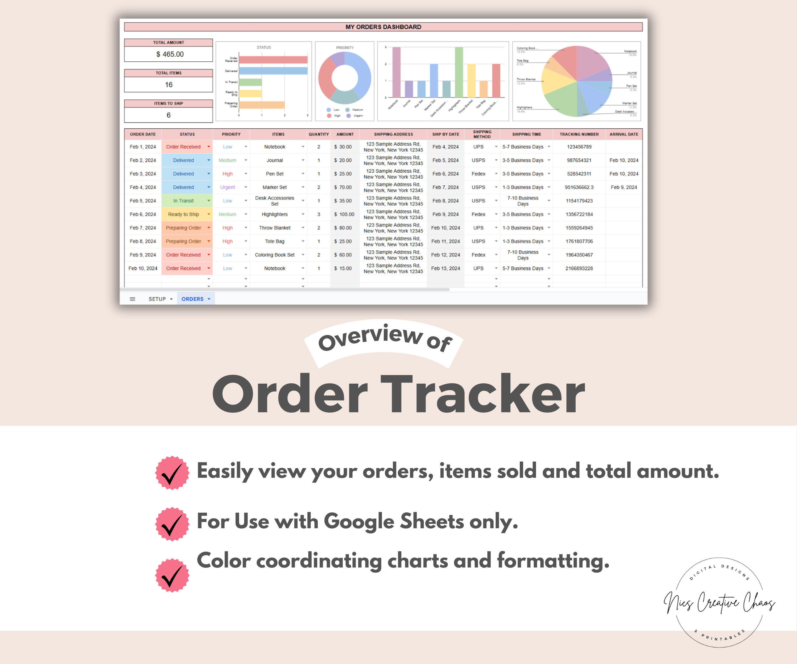 Order Tracker Spreadsheet, Google Sheets, Small Business Spreadsheet ...
