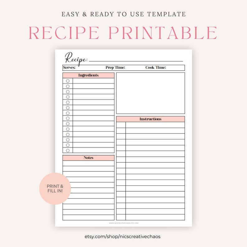 Printable Recipe Template, Blank Cooking Journal, Meal Planner, Home ...