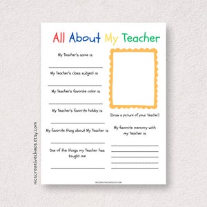 All About My Teacher Page, Classroom Printable Template, Kids Activity ...