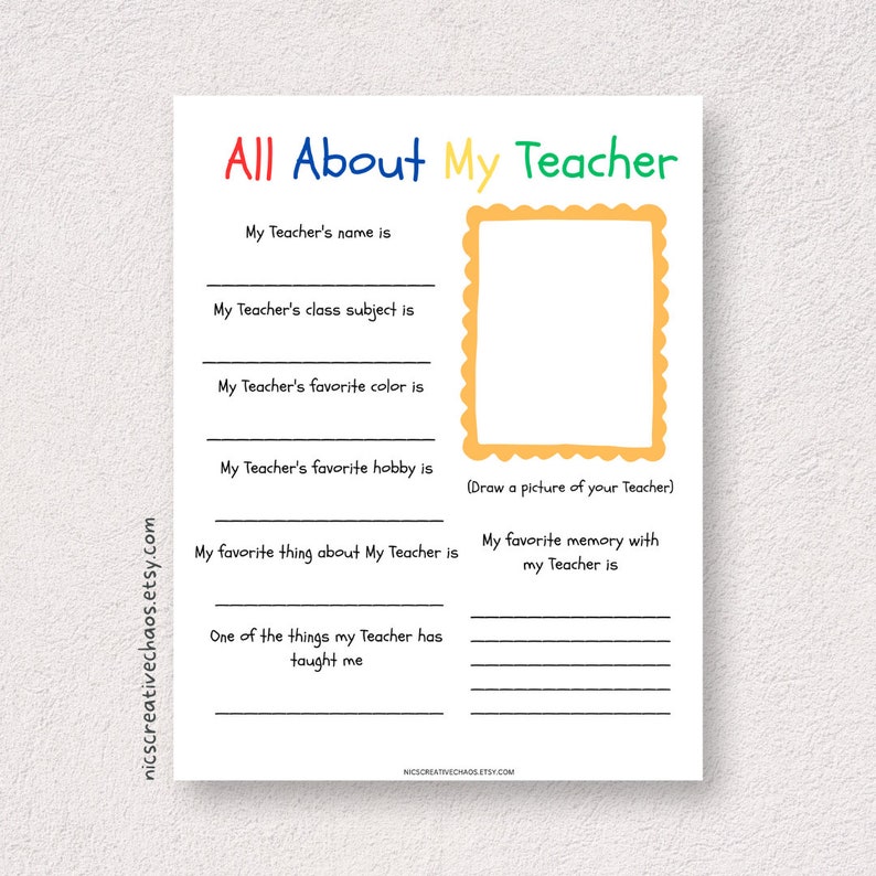 All About My Teacher Classroom Printable Template School Activity ...