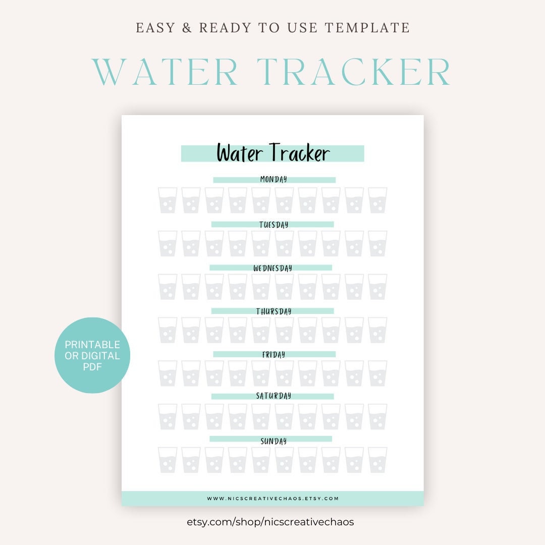 Water Tracker Printable Template, H20 Intake Log, Health and Wellness ...