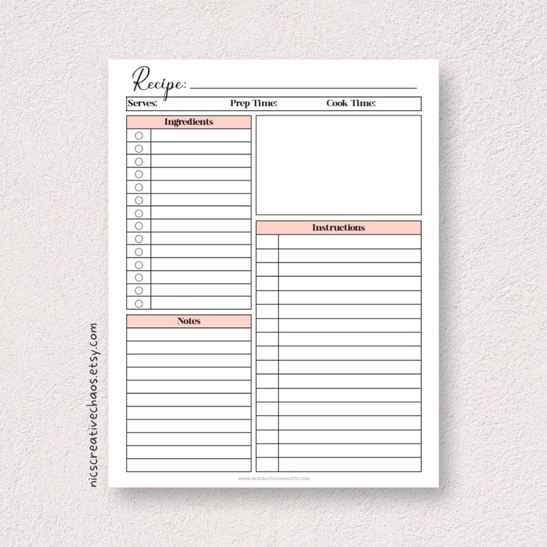 Printable Recipe Template Blank Cooking Journal Meal - Etsy