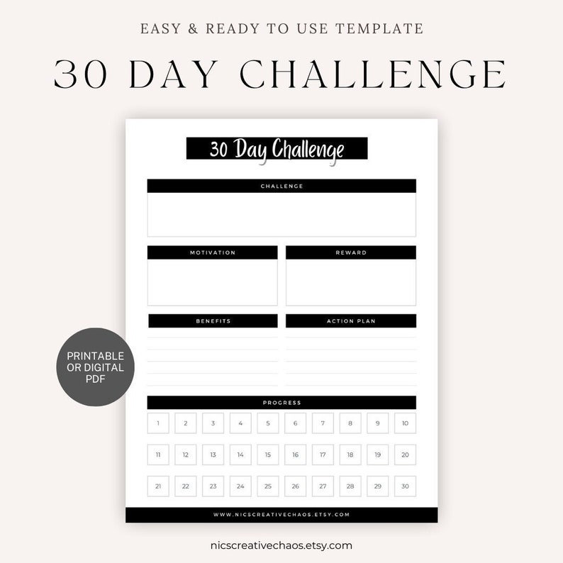 30 Day Challenge Printable Template | Goals, Self-care, Daily Focus ...