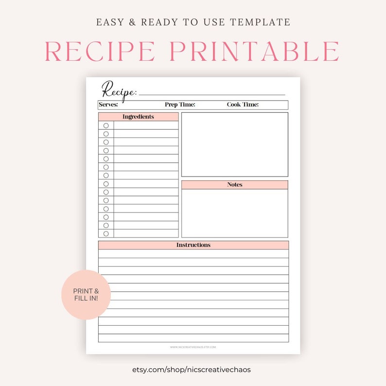 Printable Recipe Card Template Blank Cooking Journal, Meal Planner ...