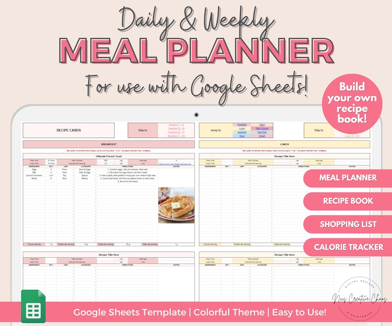 Daily Meal Planner Spreadsheet Google Sheets, Recipe Book Digital ...