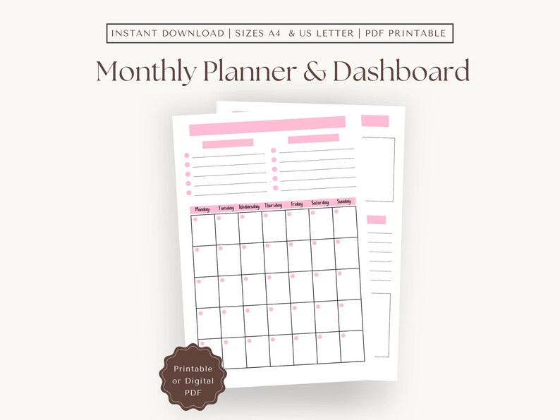 Printable Monthly Calendar & Dashboard, Printable Planner Template ...