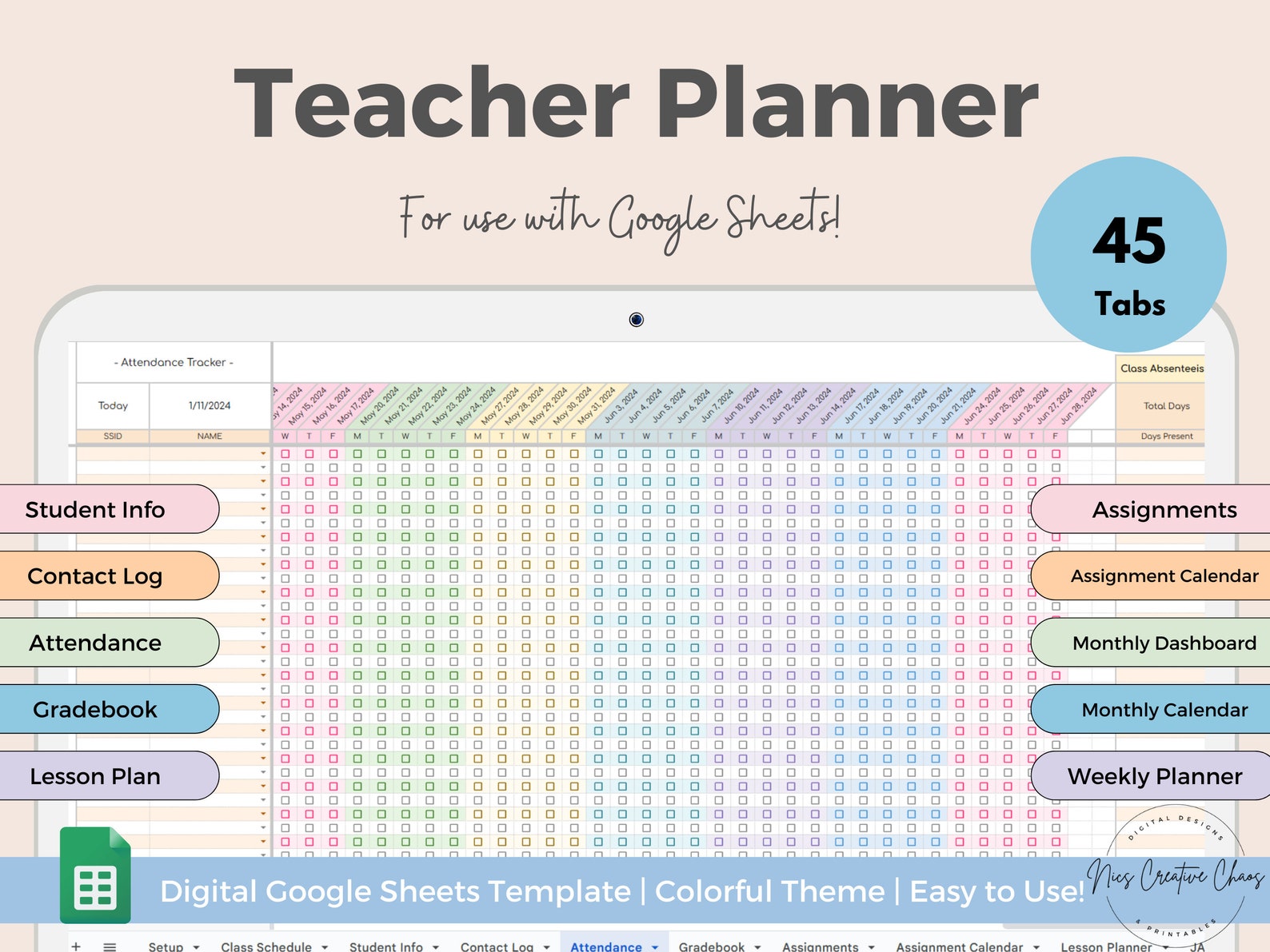 Teacher Planner Google Sheets, Attendance Checklist Spreadsheet ...