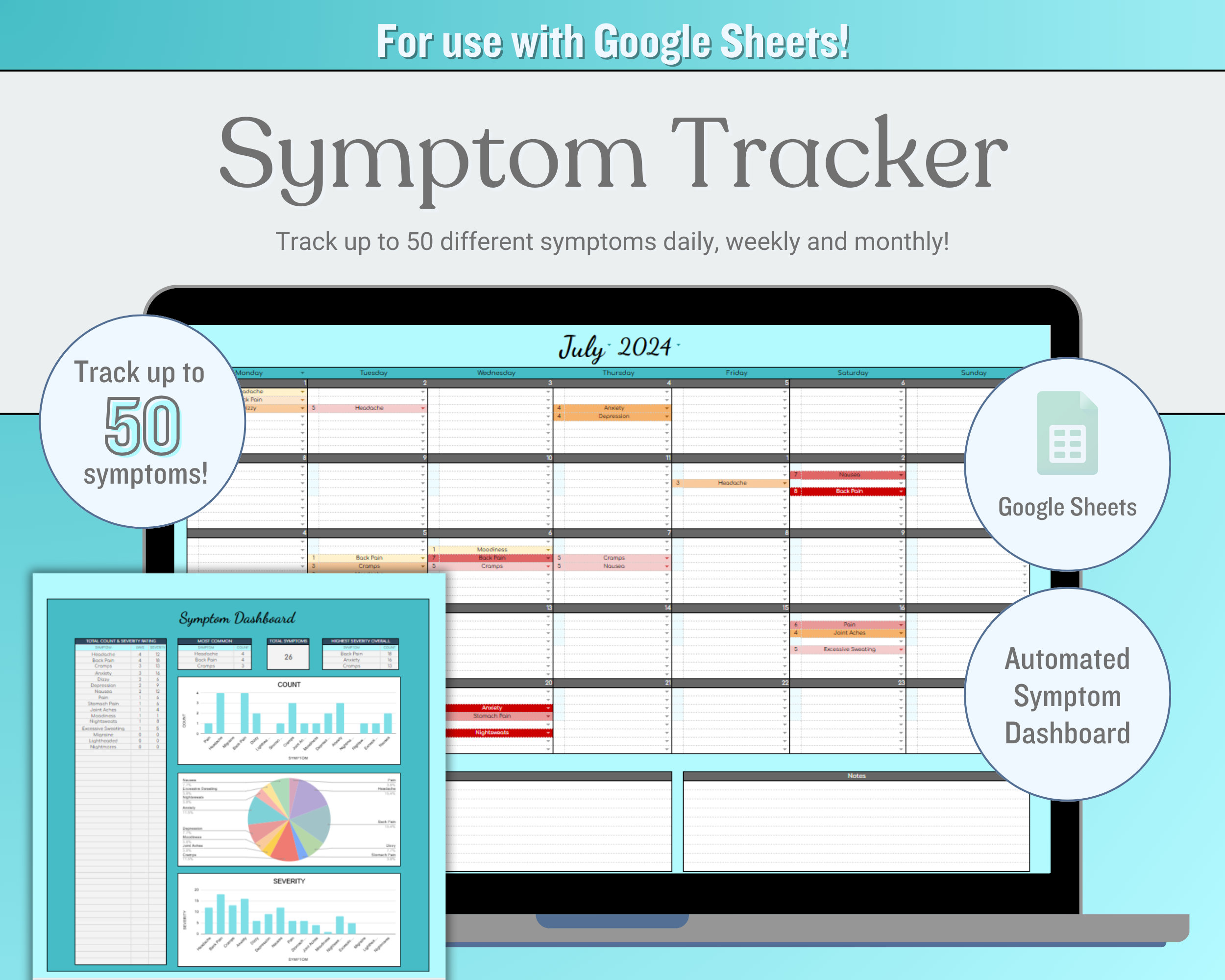 Monthly Symptom Tracker Calendar Google Sheets Spreadsheet, Multi ...