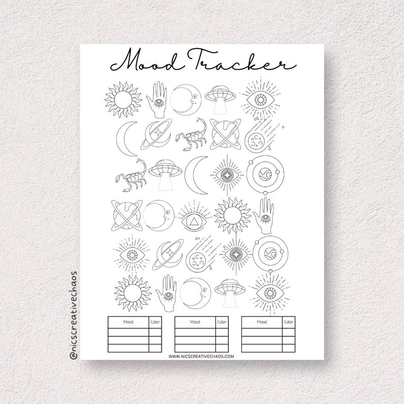 Printable Mood Tracker Coloring Page, Celestial Planner Pages, Mood Log ...