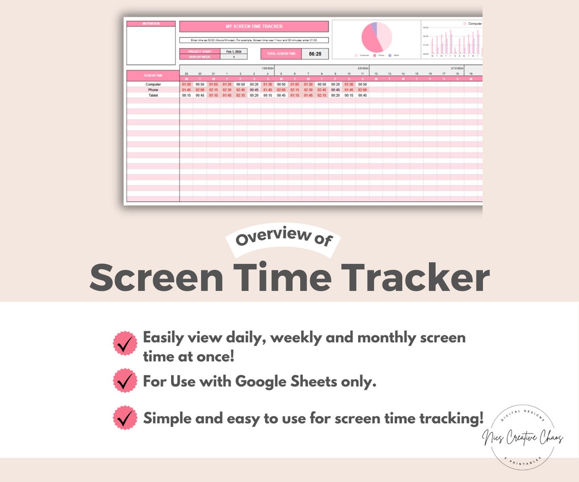 Screen Time Tracker Spreadsheet, Google Sheets Screen Time Management ...