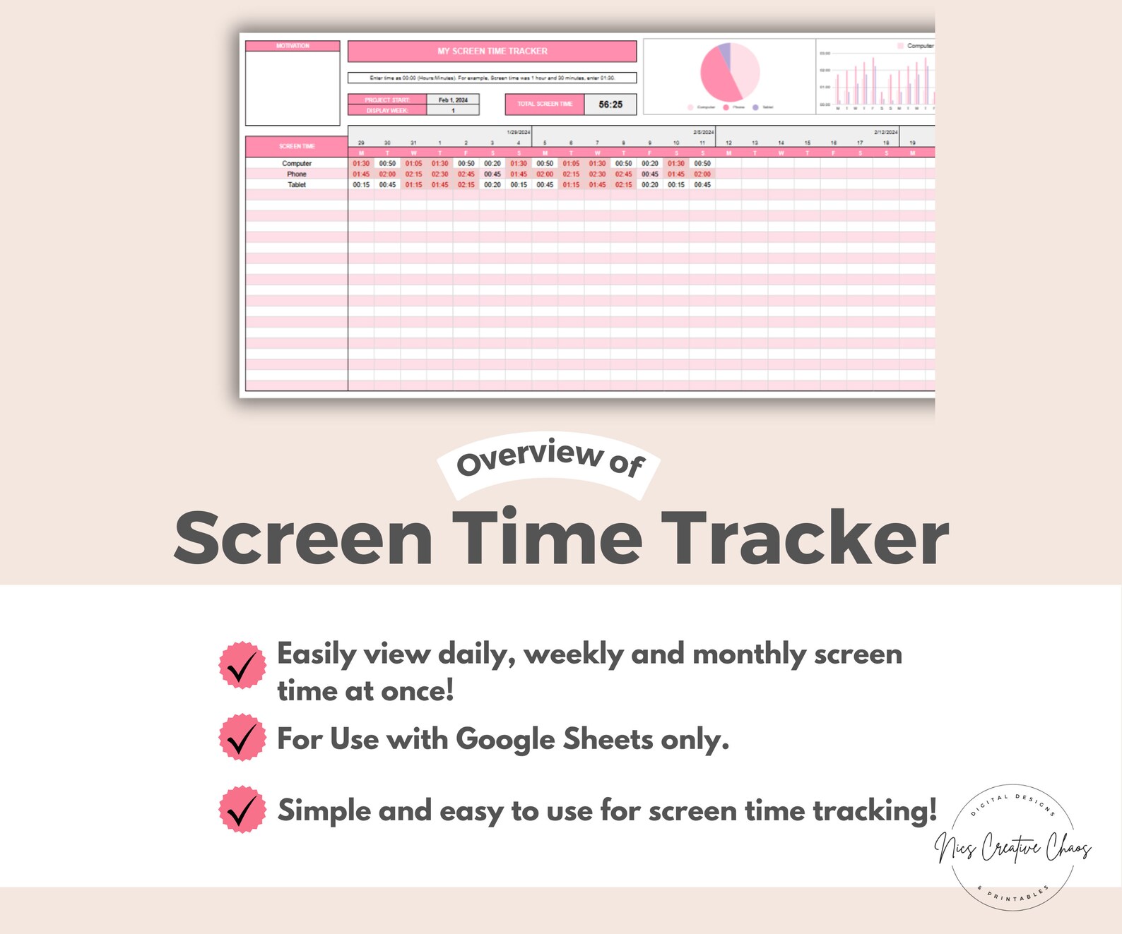 Screen Time Tracker Spreadsheet, Google Sheets Screen Time Management ...